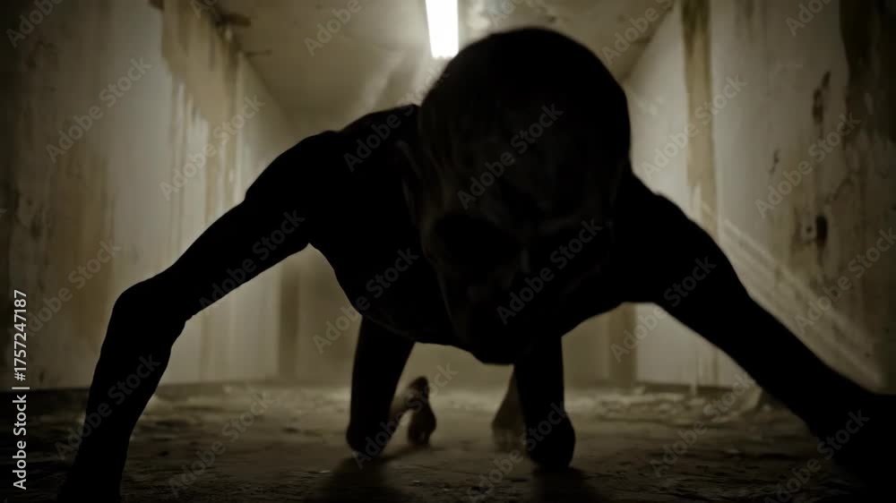 Creepy creature crawling in dark dusty abandoned building hallway ...