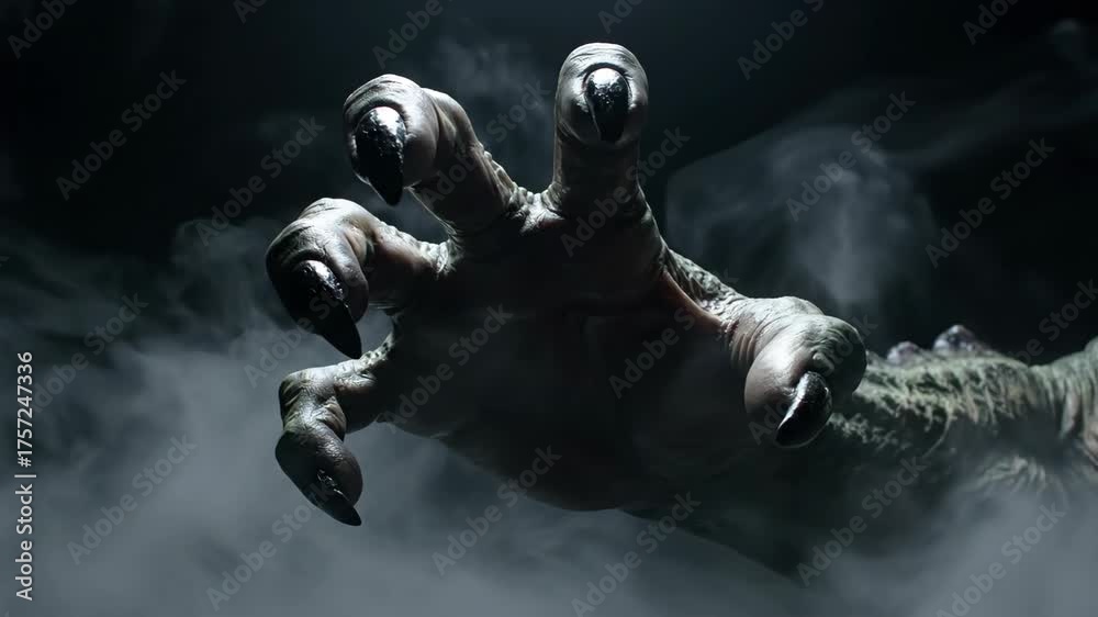Scary monster claw extending from smoke and fog under a bed in a horror ...