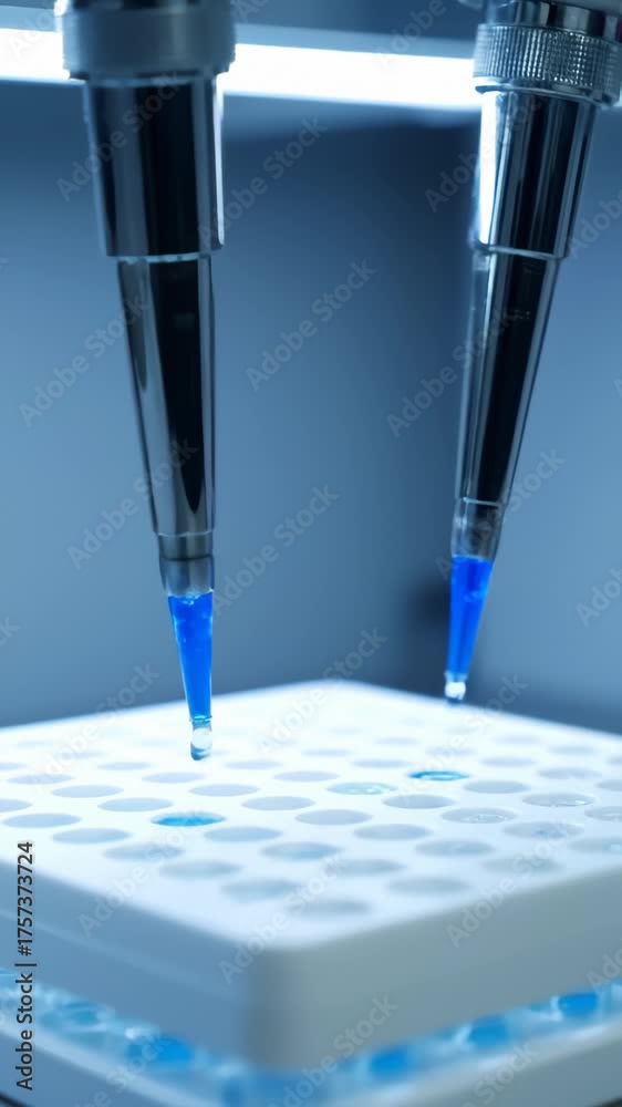 Robotic Pipette Arm Dispensing Liquid Into Microplate, Medical Research ...