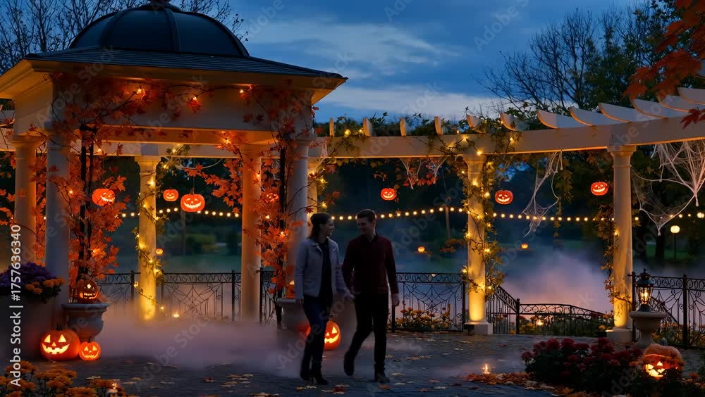 Romantic Evening Stroll in a Halloween-Themed Park with Festive ...