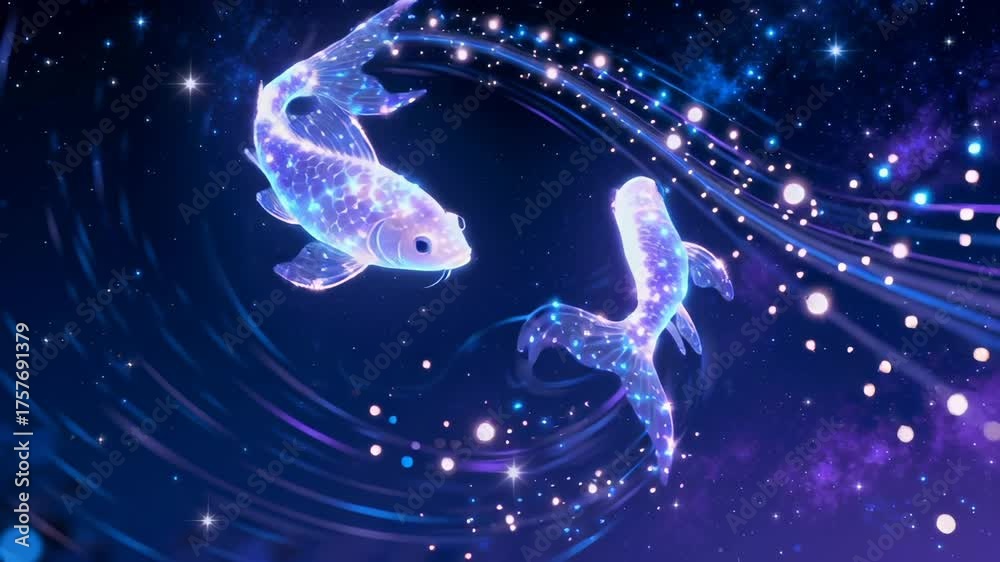 Luminous fish representing Pisces zodiac sign swimming in endless ...