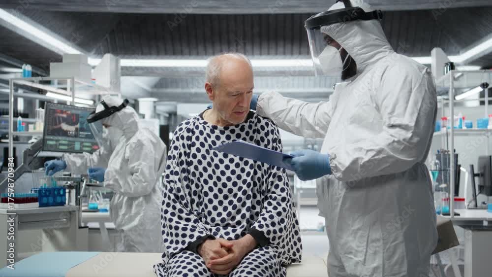 Male medic scientist treating patient with severe infection symptoms ...