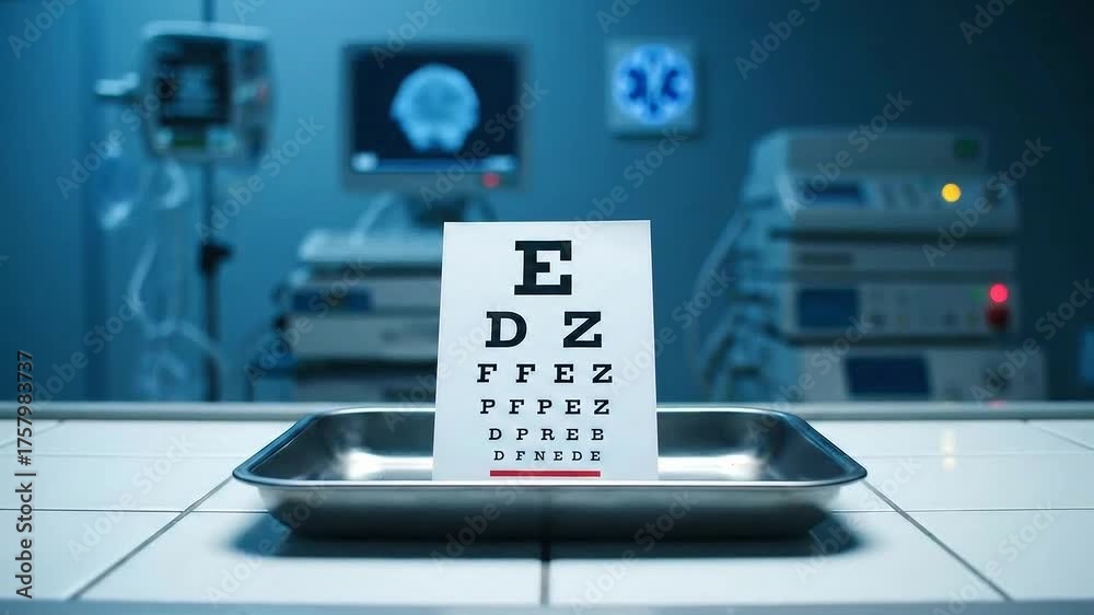 Eye Chart Test in Medical Setting with Hospital Equipment in Cold Blue ...