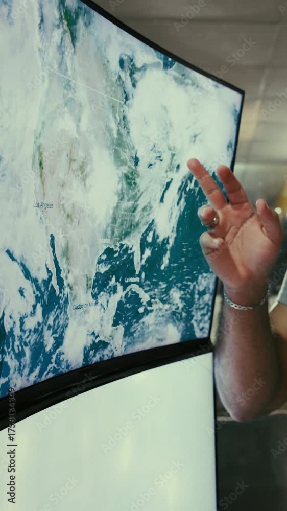 Hands, person and screen with maps in control room to monitor weather ...