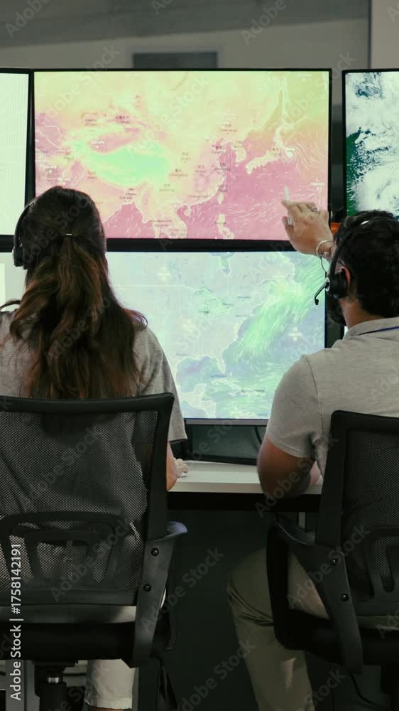 Woman, headset and screen with maps in control room to monitor weather ...