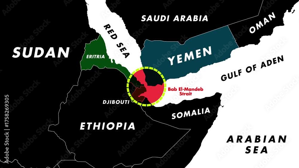 4K Map Animation Of Bab El Mandeb Strait With Rotating Yellow Dotted ...