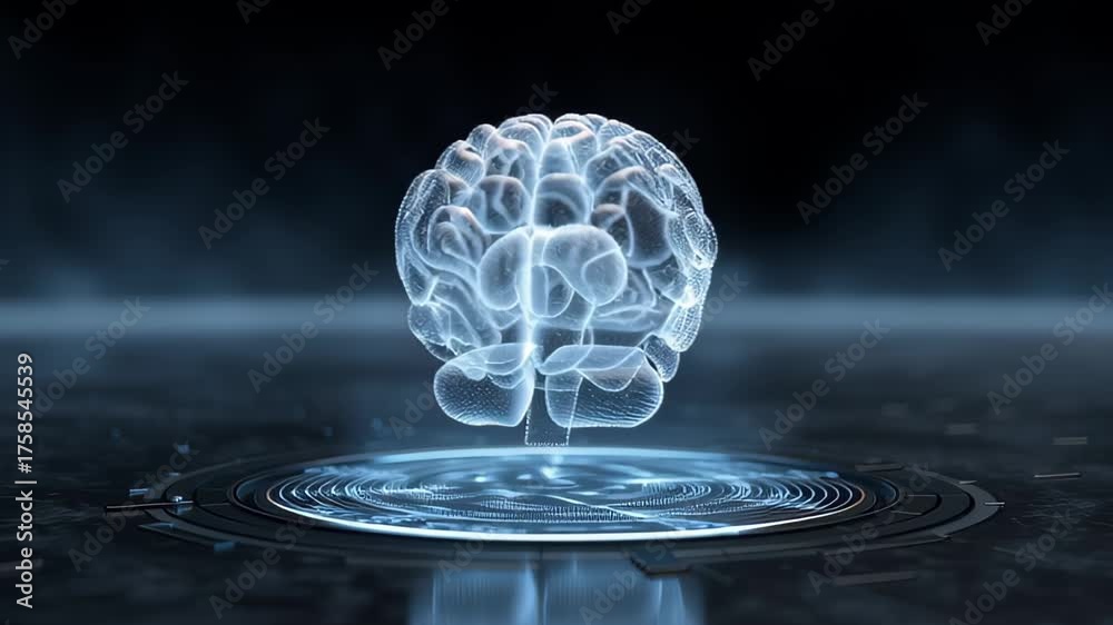 Realistic brain model with luminous UI grid. Illustrates core ...
