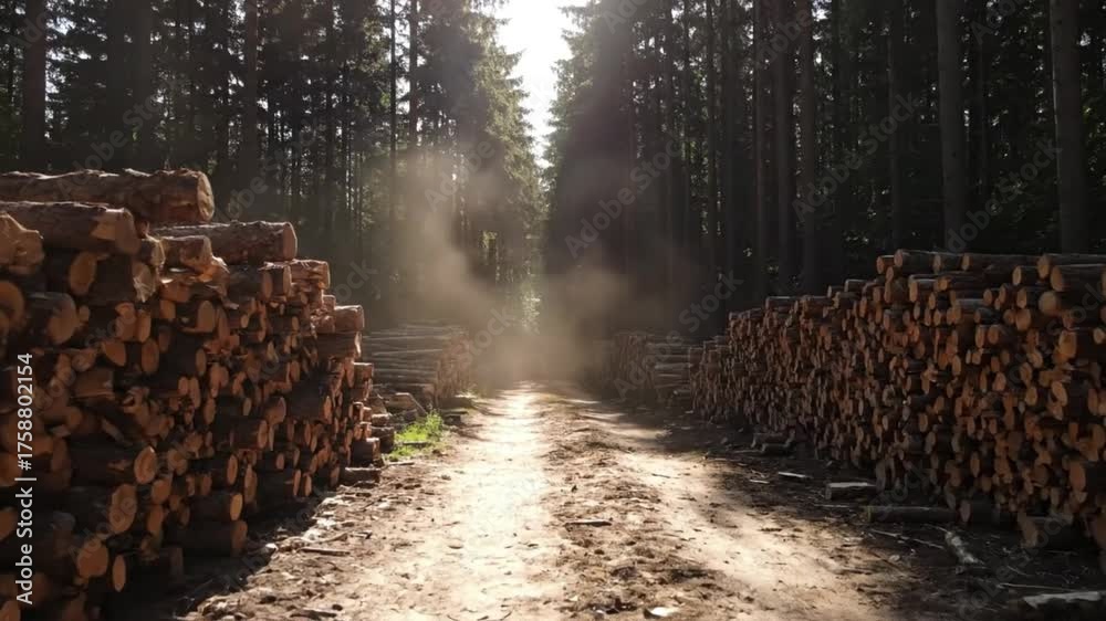 Dusty logging road through a pine forest lined with large stacks of cut ...