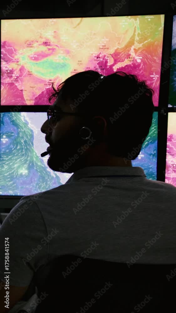 Computer screen, research and map with man in control room for climate ...