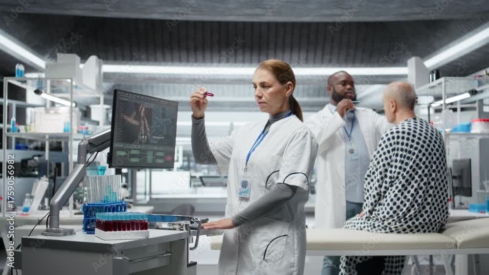 Female doctor checks blood samples from patient during clinical trial ...