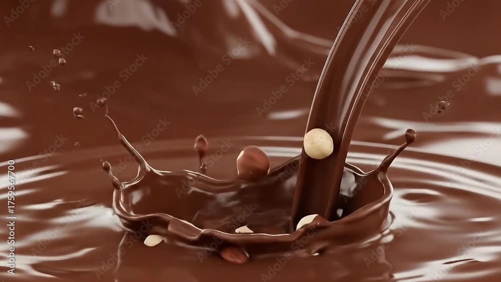 Smooth Chocolate Pour with Hazelnuts Splashing into Liquid Center in ...