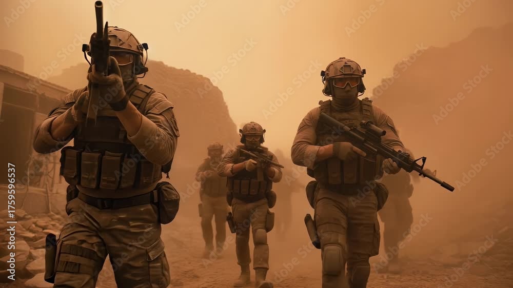 Special forces squad moving in tactical formation through rocky desert ...