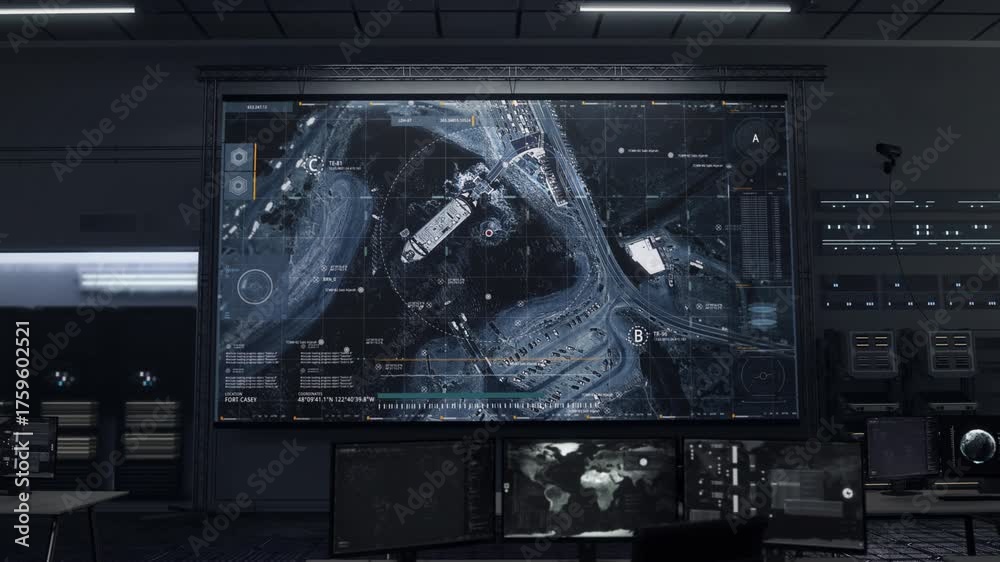 Spy location tracking scanner analysing the designated area. Spy drone ...