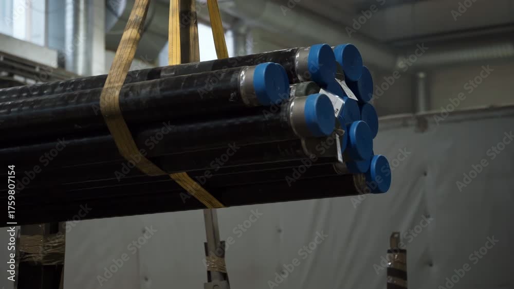 Factory crane equipment lifting the produced metal tubes from the ...