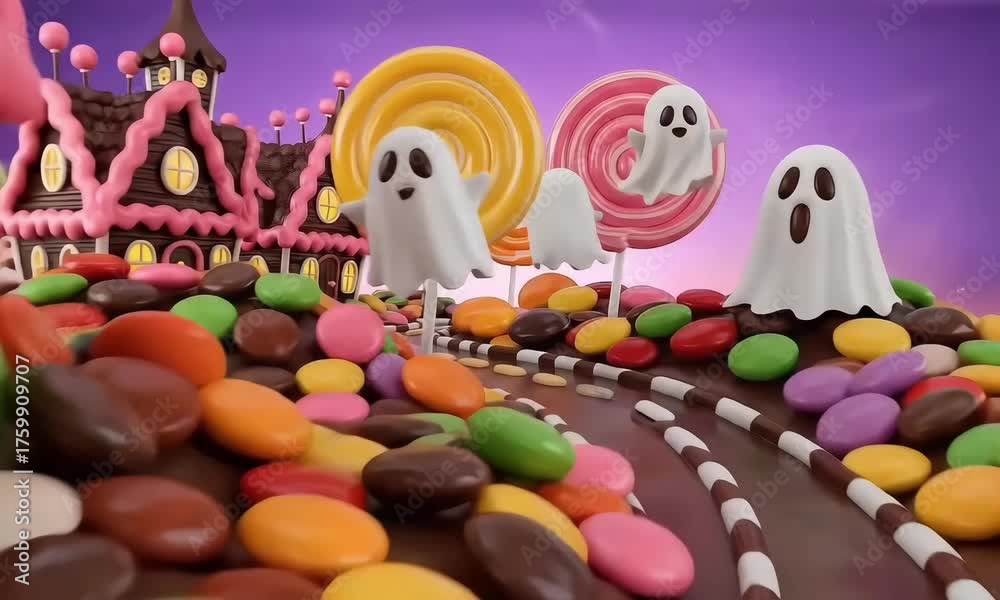 Spooky Halloween Candy Land Scene with Gingerbread Houses, Ghosts ...