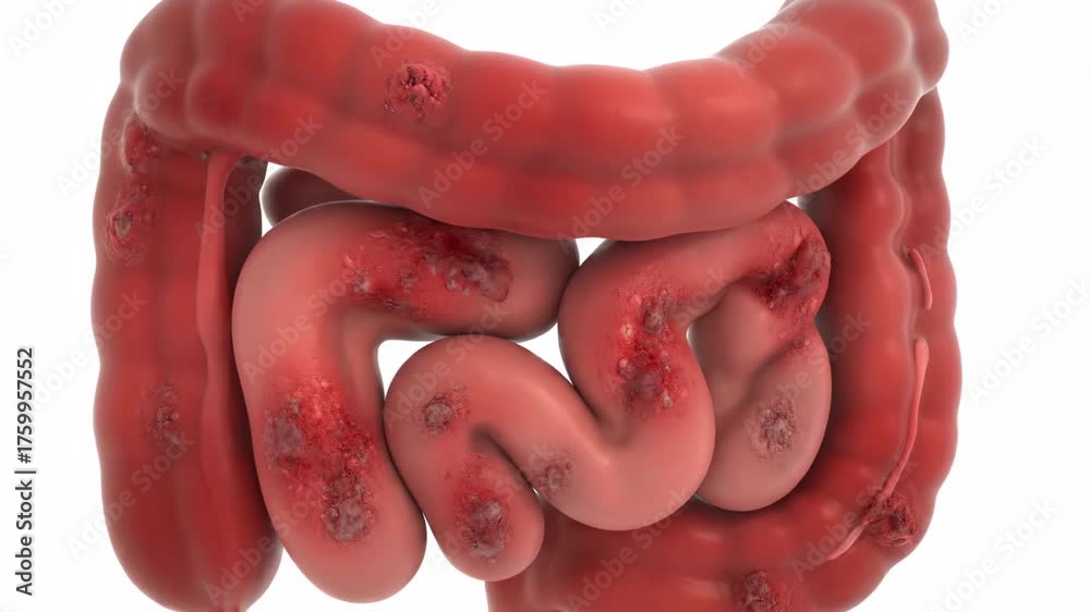 Detailed 3D render of human colon with inflamed polyps and ulcers ...