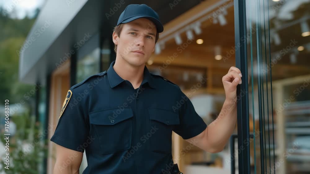 Police officer placing a temporary closure sign on a business entrance ...