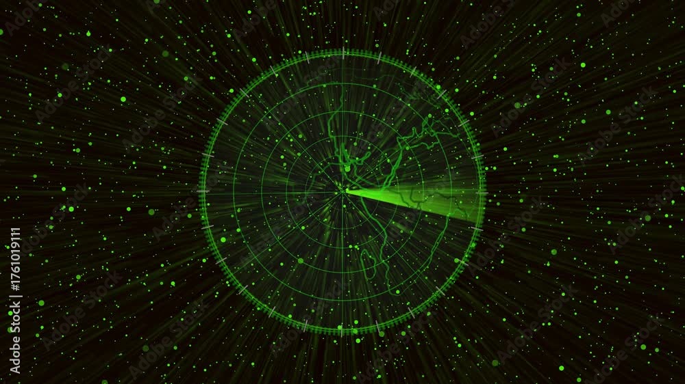 Futuristic Green Radar Screen Displaying World Map with Radial Scan and ...