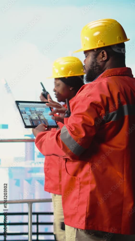 Vertical video Energy production company expert using tablet ...