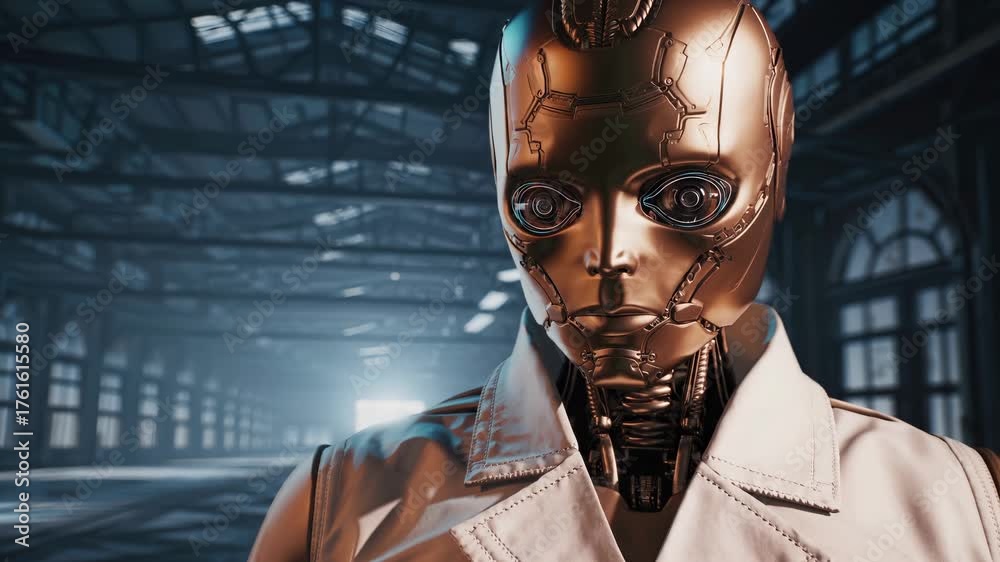 robot and android pose with metallic head and exposed neck. coat draped ...