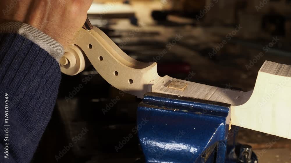 A luthier carefully carves the violin scroll held in a vise, refining ...