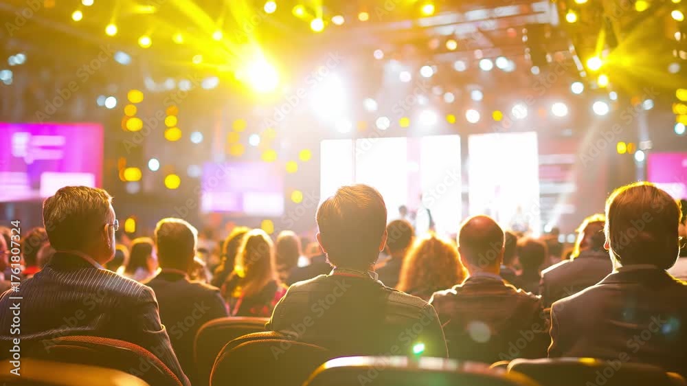 Crowd observes presenters discussing ideas at a professional conference ...