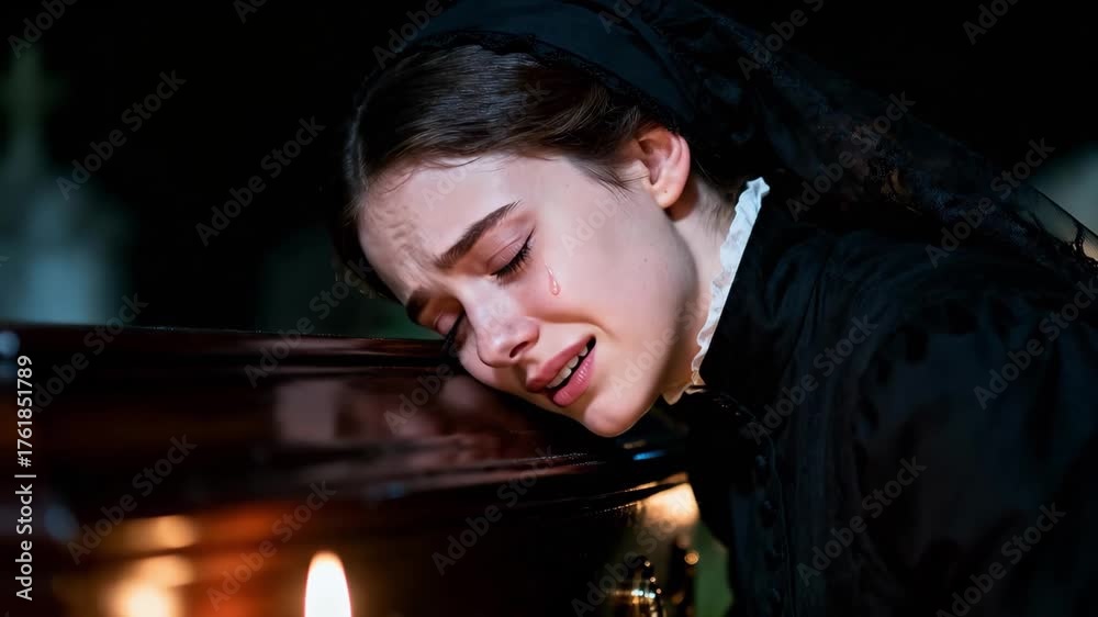 A grieving young woman in victorian mourning dress cries over a coffin ...