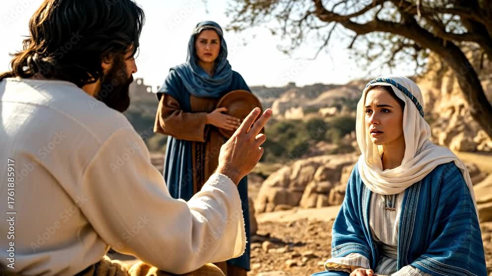 Jesus christ and two women, martha and mary, talking evangelist with ...