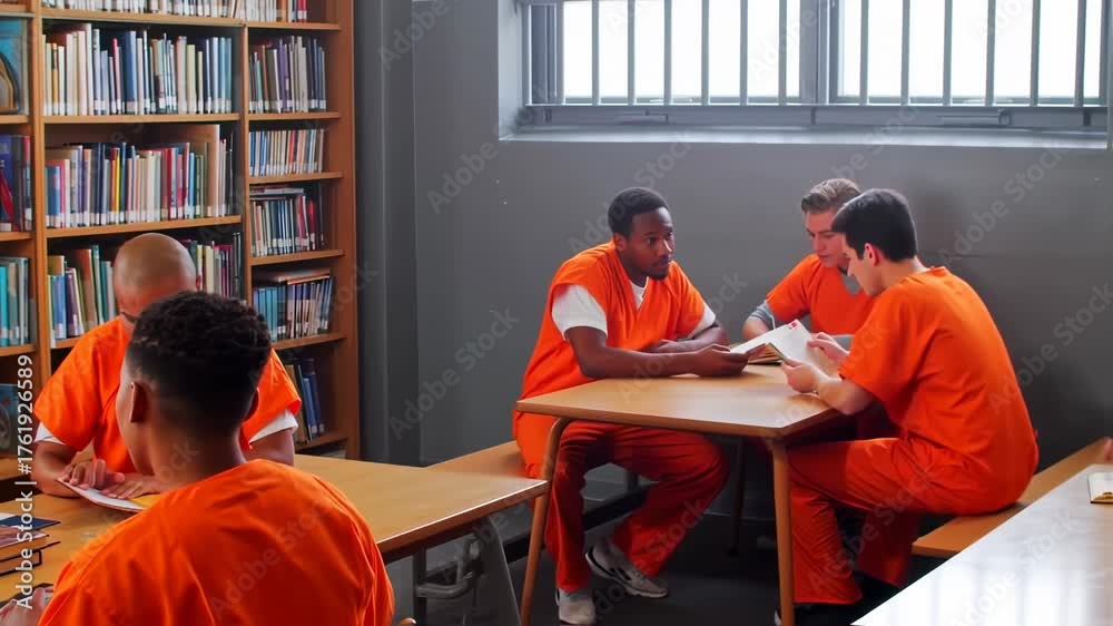 Inmates in orange jumpsuits read at tables in a prison library with ...