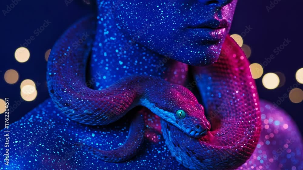 A snake coiled around a person covered in glowing blue and pink paint ...