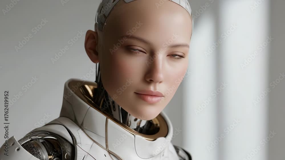 Humanoid robot displaying subtle facial expressions that mirror human emotions, symbolizing ...