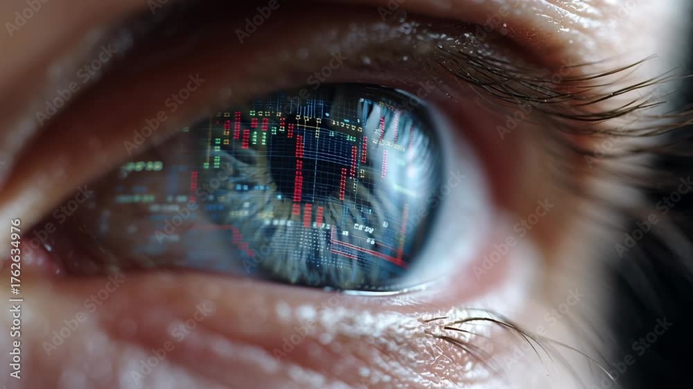 Human eye reflection showing stock market chart and data close up human ...