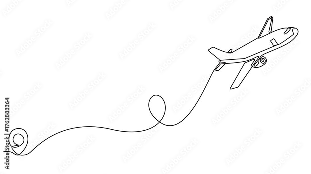Airplane Travelling Continuous one line draw with map pin location ...