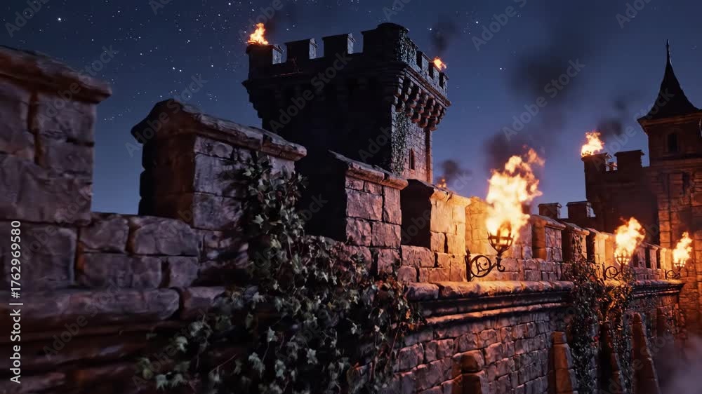 Illuminated Medieval Castle Wall at Night - This video shows a low ...
