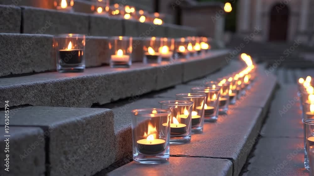 Illuminated pathway: flickering candlelight on stone steps leading to ...