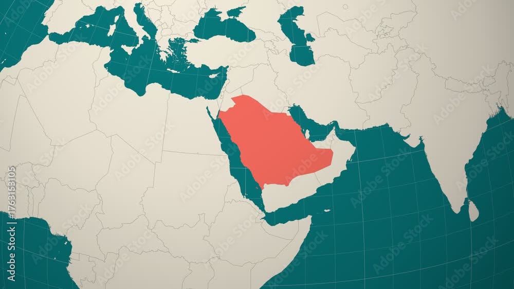 Saudi Arabia map. Animated zoom into the country on the Globe in Teal ...