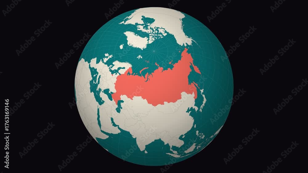 Russia map. Animated zoom into the country on the Globe in Teal Pale ...