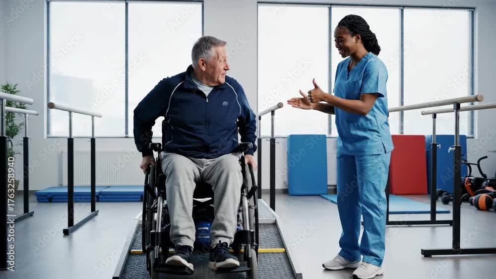A caring therapist assists a patient using a wheelchair, navigating a ...