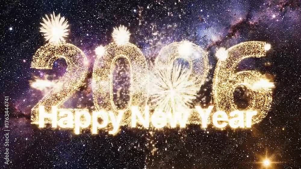 Glittering Golden Particle 2026 Text on a Dark Starry Nebula Background ...