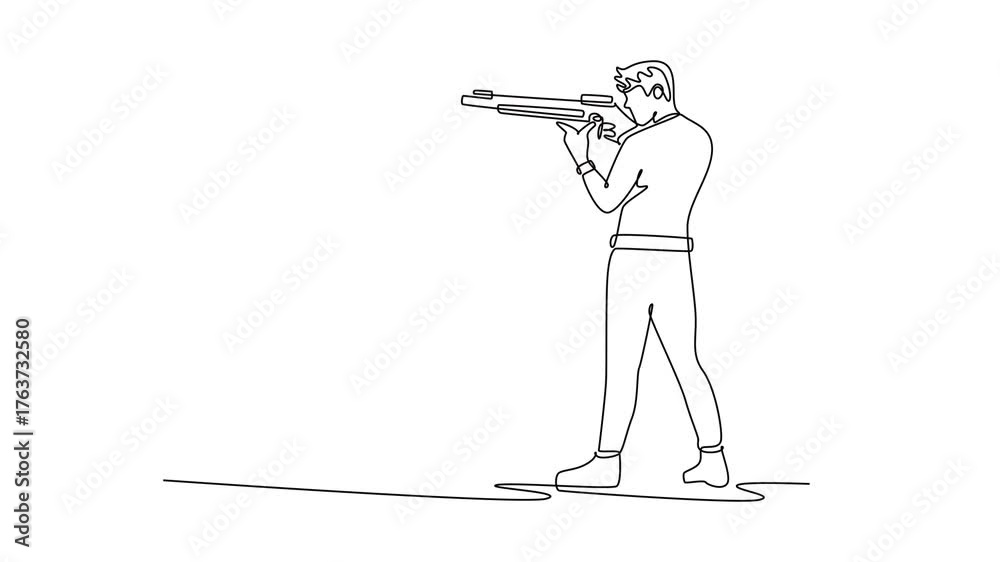 Animated self drawing of continuous line draw man shooting athlete, is ...