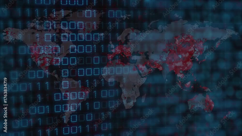World map overlaying binary code, red hotspot appearing in Asia and ...