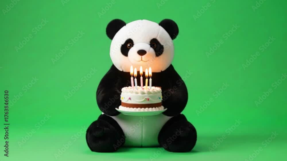 Video, birthday celebration, a panda doll holding a birthday cake ...