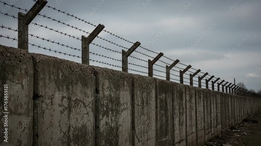 Vídeo do Stock: Concrete prison wall with barbed wire on top, barbed ...