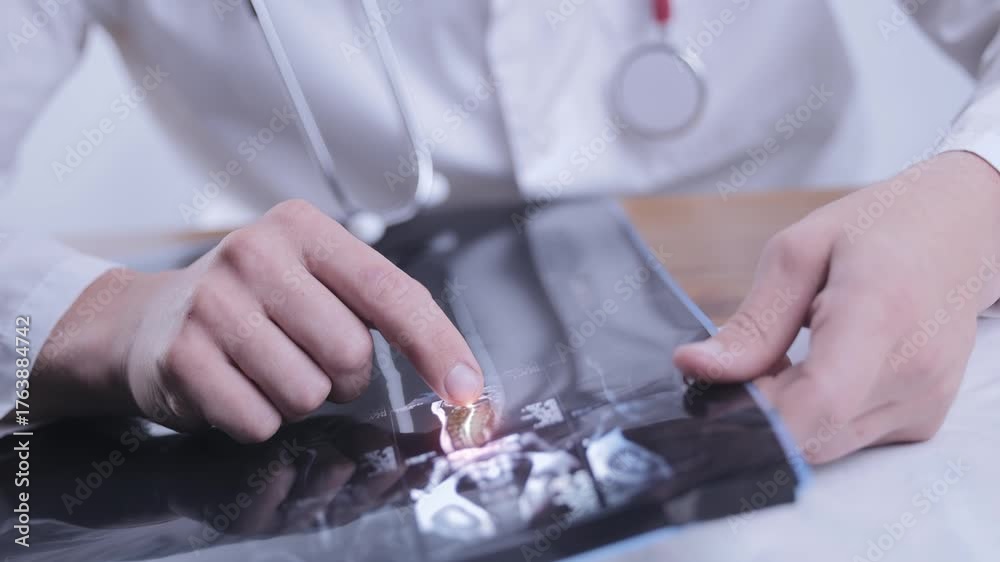 Caucasian Male Doctor Neurosurgeon Looking Mri Scan Of Spinal Column 0020
