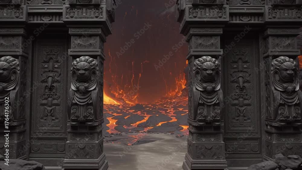 Ancient stone gates to hell stand amid smoke and fire, massive and ...