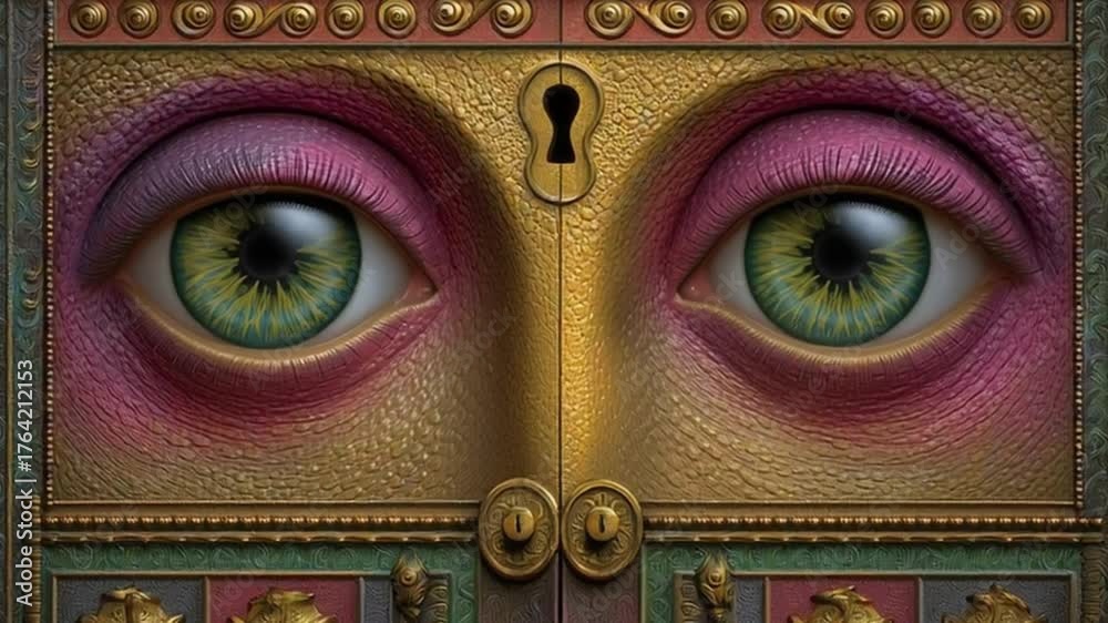 surreal door with eyes, surreal eyes on golden door, surreal mysterious ...