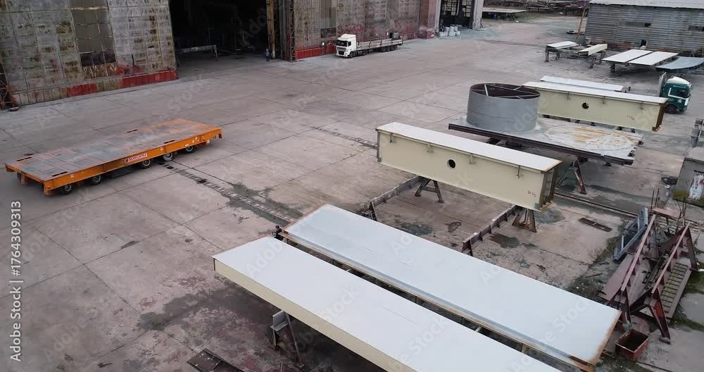 Parts of a large metal structure or modular steel box bridge in a ...