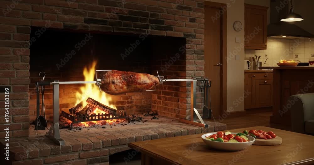 whole chicken is slowly roasting on a rotisserie spit over a crackling ...
