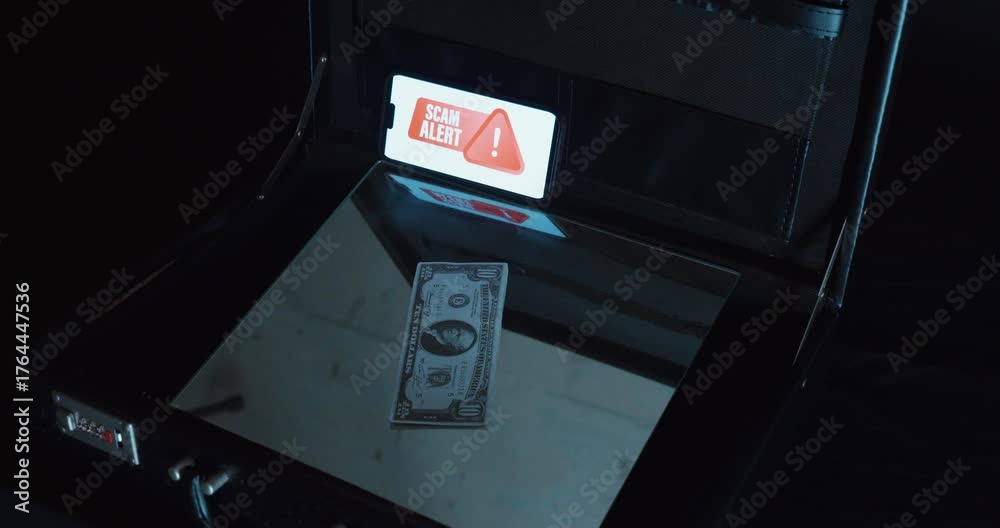 An open briefcase with a dollar bill and a “Scam Alert” warning sign ...