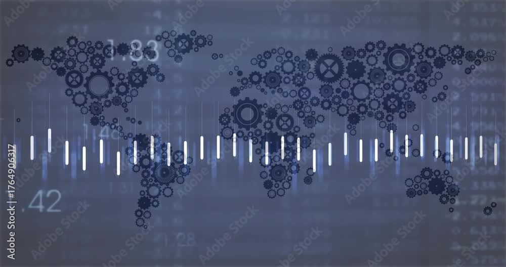 Upon loading cogwheel world map pulsing bars sweeping line graph ...